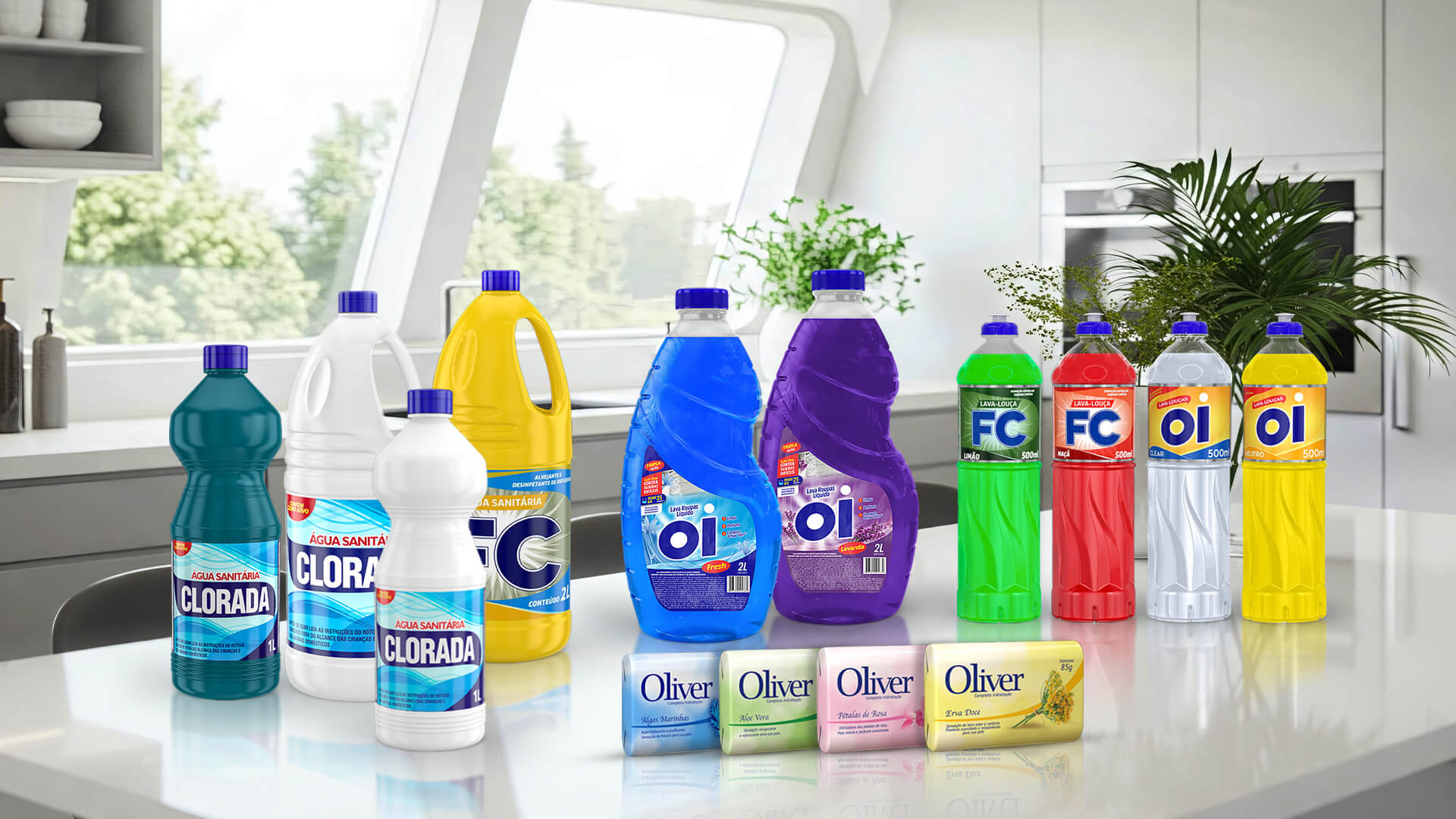 Mockup 3D de produtos de limpeza - FC Oliveira